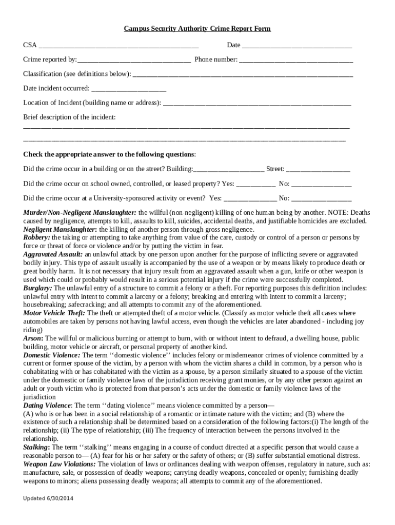 Campus Security Authority Crime Reporting s Doc Template | pdfFiller