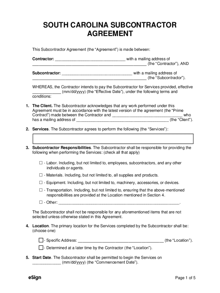 Fillable Online South Carolina Subcontractor Agreement TemplatePDFWord Fax Email Print - pdfFiller