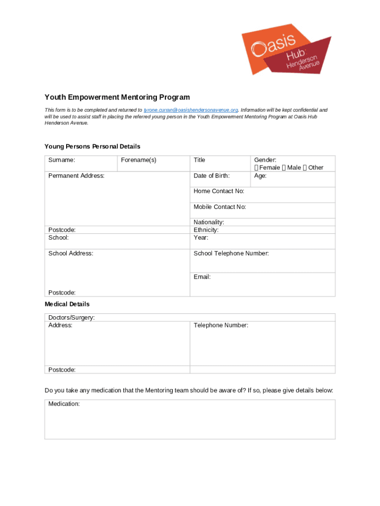 Youth Empowerment Mentoring Programmereferral Doc Template | pdfFiller
