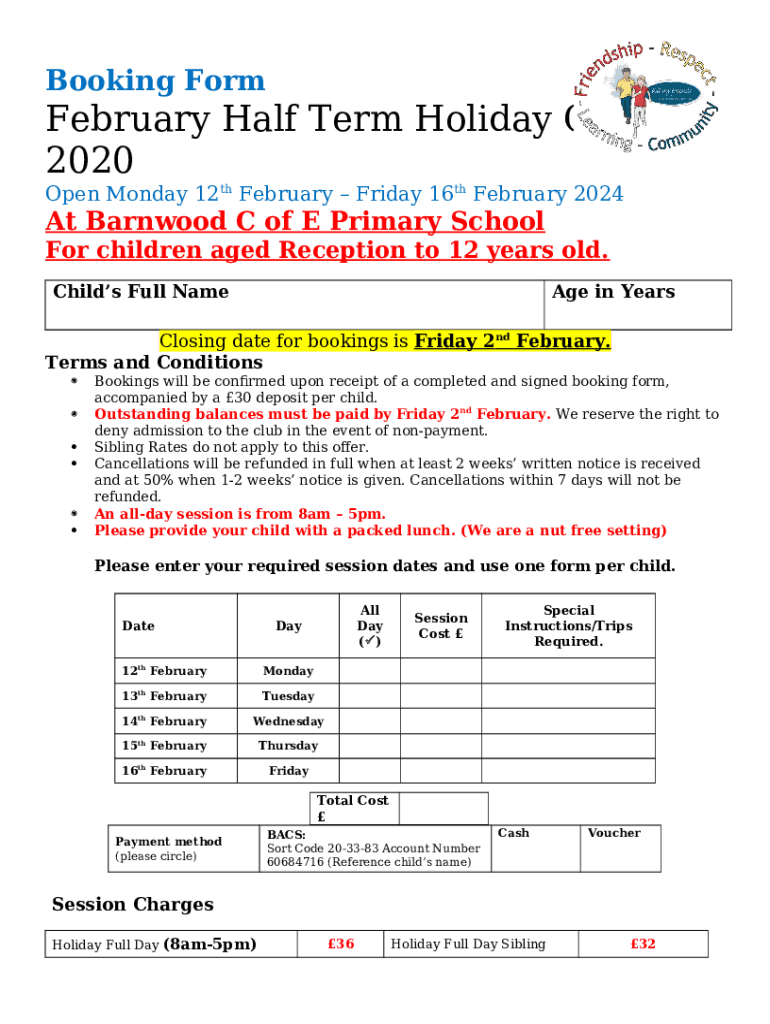 February Half Term Booking Doc Template | pdfFiller