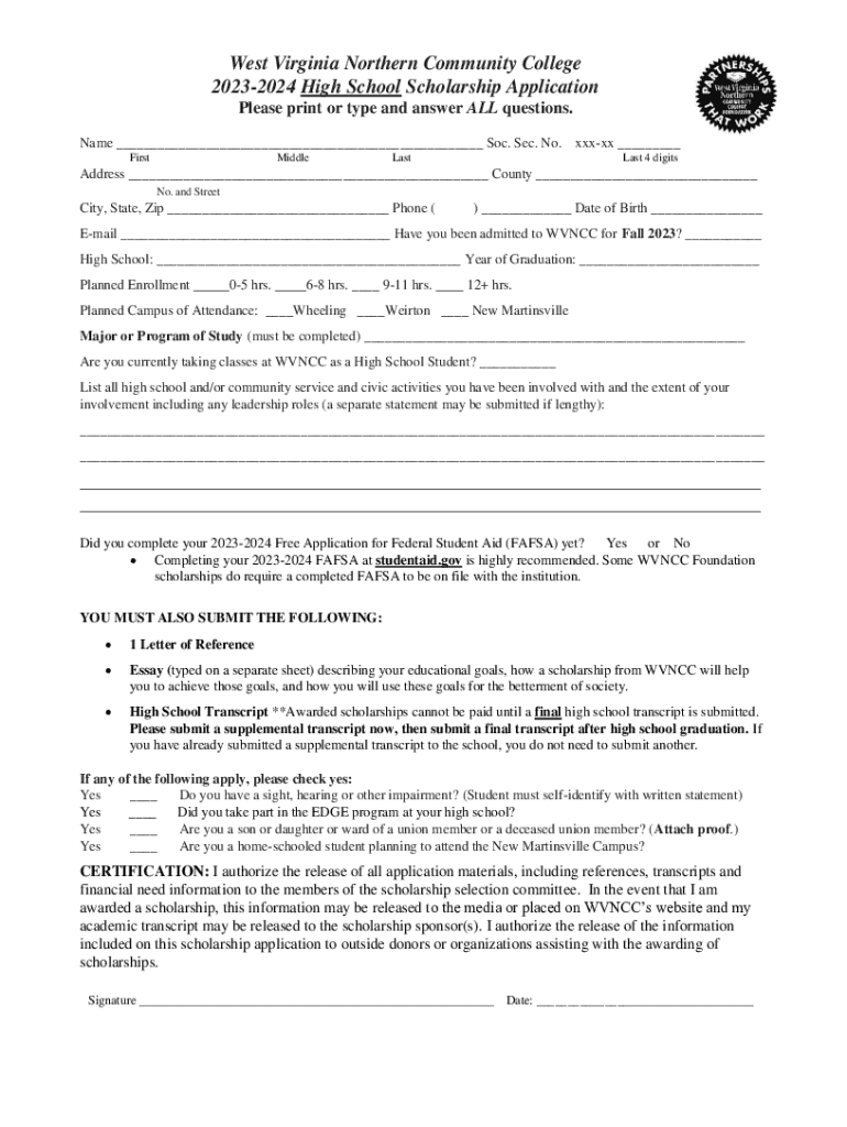 Fillable Online 2023-2024 High School Scholarship Application Fax Email ...