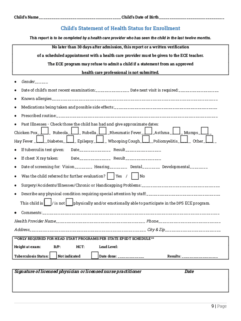 Fillable Online skcee dpsk12 Childs Statement of Health Status for ...