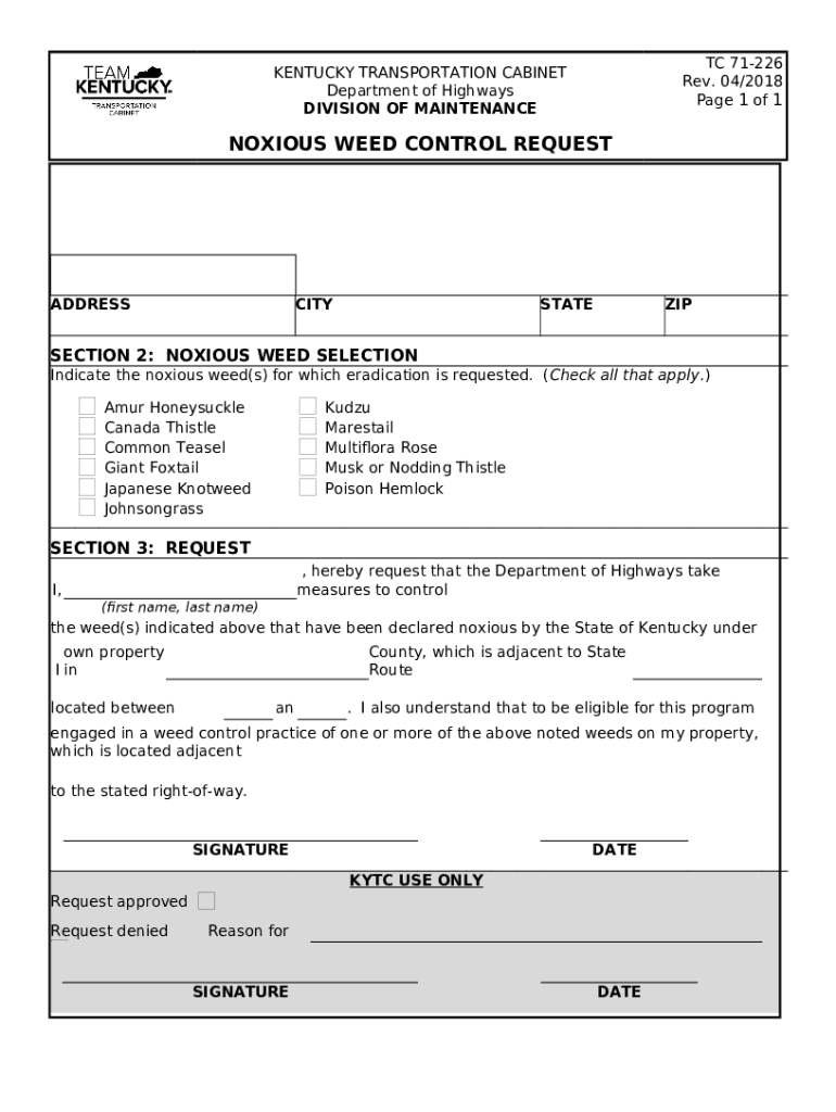 Noxious Weed Control Request - transportation ky Doc Template | pdfFiller
