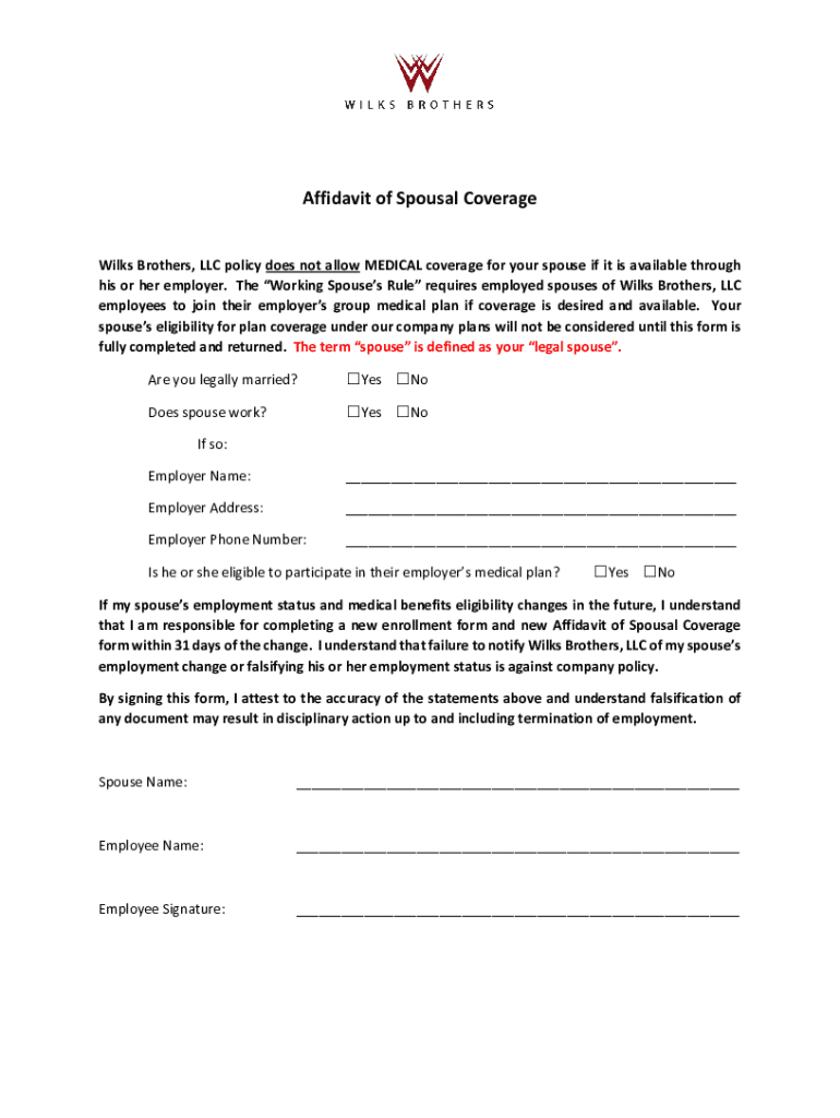 Fillable Online Affidavit of Spousal Coverage - Wilks Brothers Enroll ...