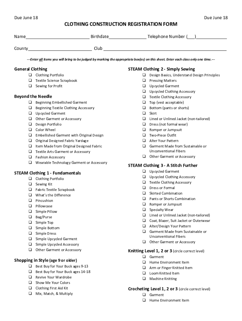 Fillable Online extension unl CLOTHING CONSTRUCTION REGISTRATION FORM ...