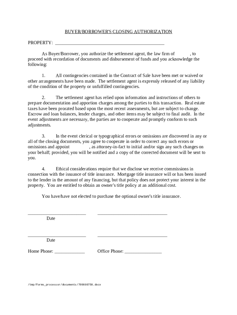 SettlementBuyer's Closing Authorization Doc Template | pdfFiller