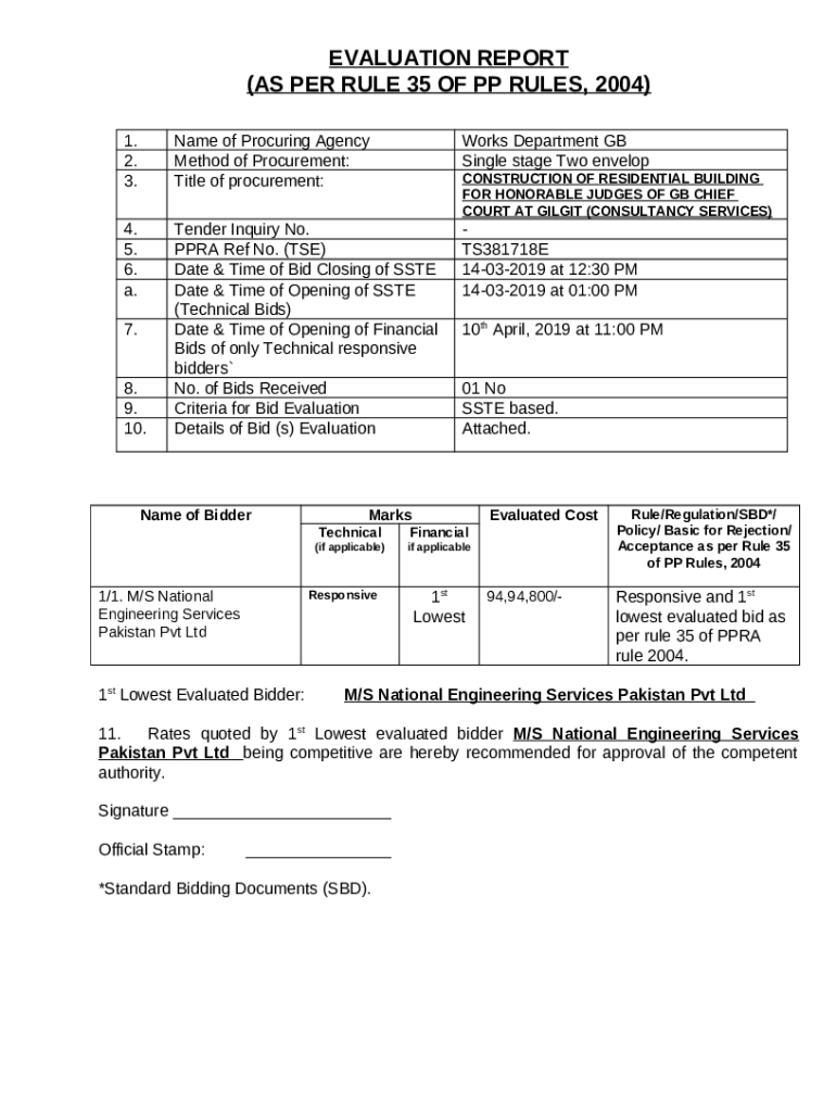 Technical Evaluation Report (As per Rule 35 of PPRA Rules ... Doc Template | pdfFiller