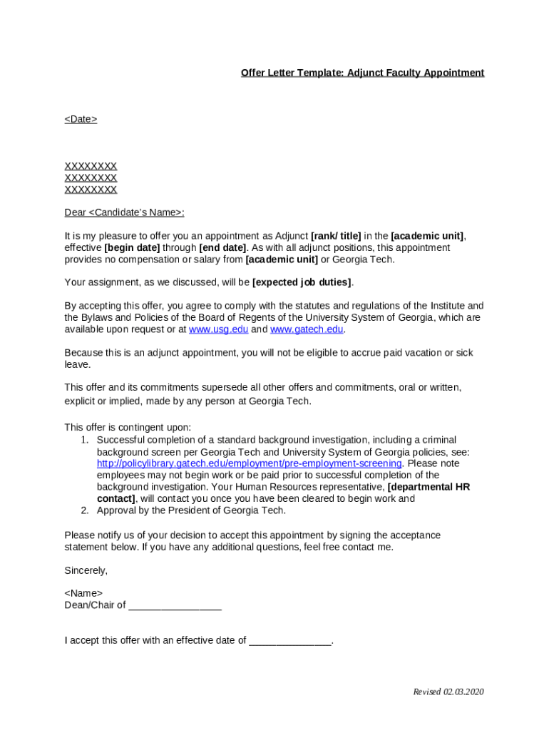 SAMPLE LETTER OF OFFER-ADJUNCT APPOINTMENT - faculty gatech Doc ...