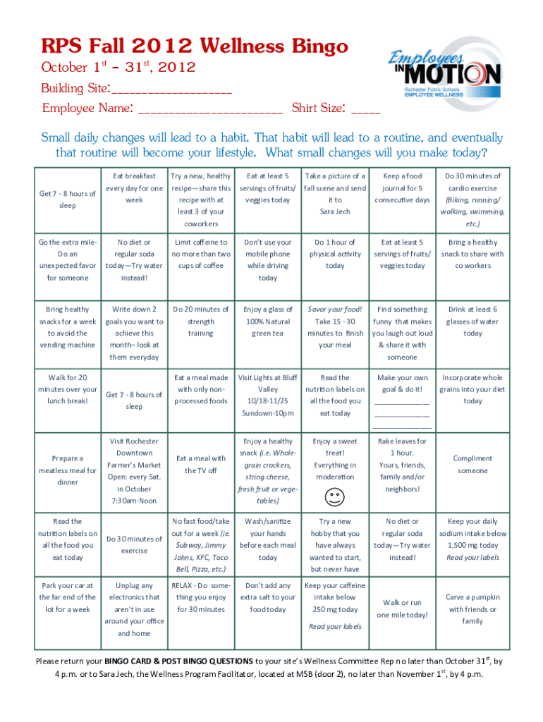 Fillable Online Healthy You BINGO Challenge Fax Email Print - pdfFiller