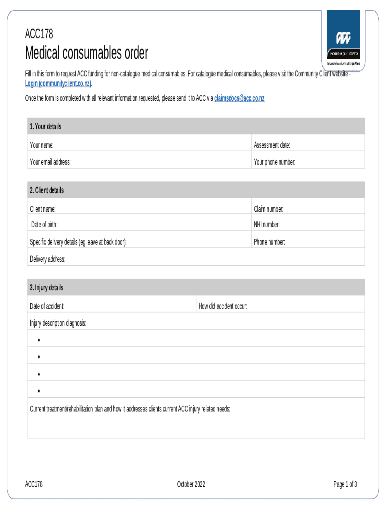 ACC178 Medical consumables order . Treatment and rehabilitation ...