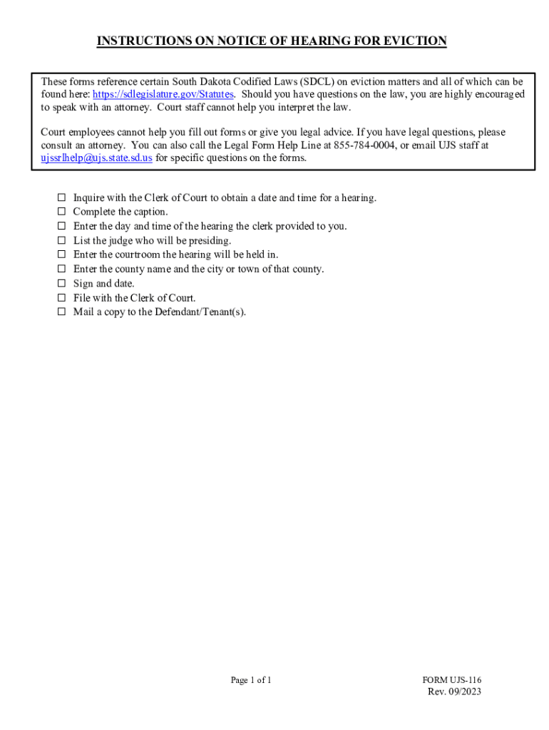 Fillable Online ujs sd instructions on notice of hearing for eviction ...
