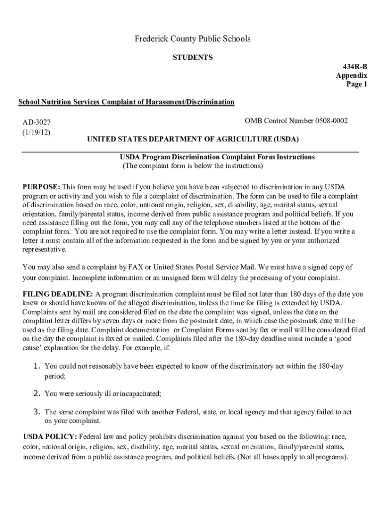 Fillable Online 434R-B Appendix: School Nutrition Services Complaint of ...
