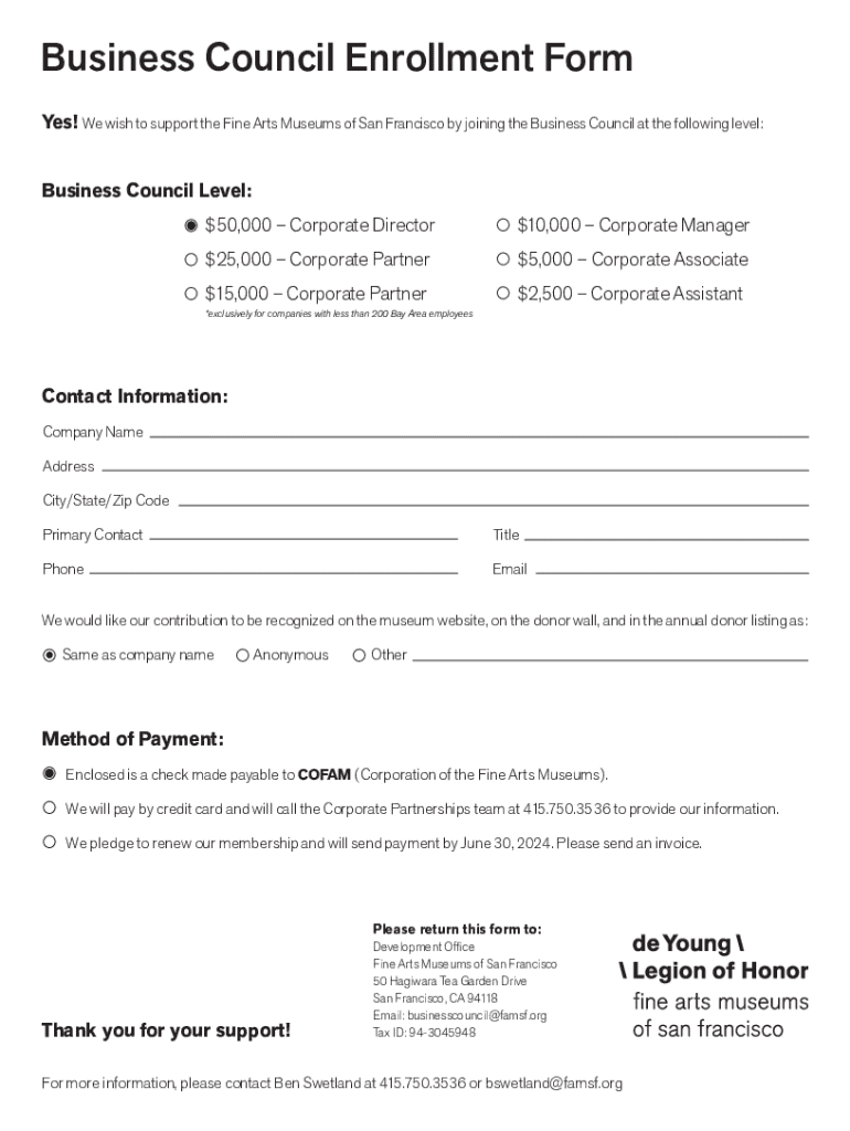 Fillable Online Business Council Enrollment Form Fax Email Print ...