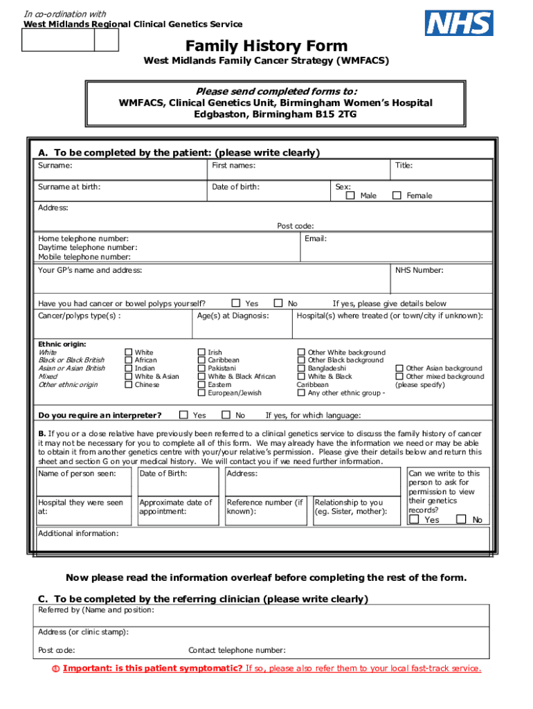 Fillable Online Birmingham Women's Hospital Genetics Family History ...