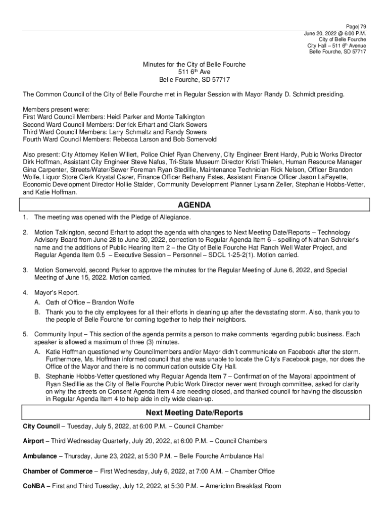 Fillable Online The Common Council of the City of Belle Fourche met in ...