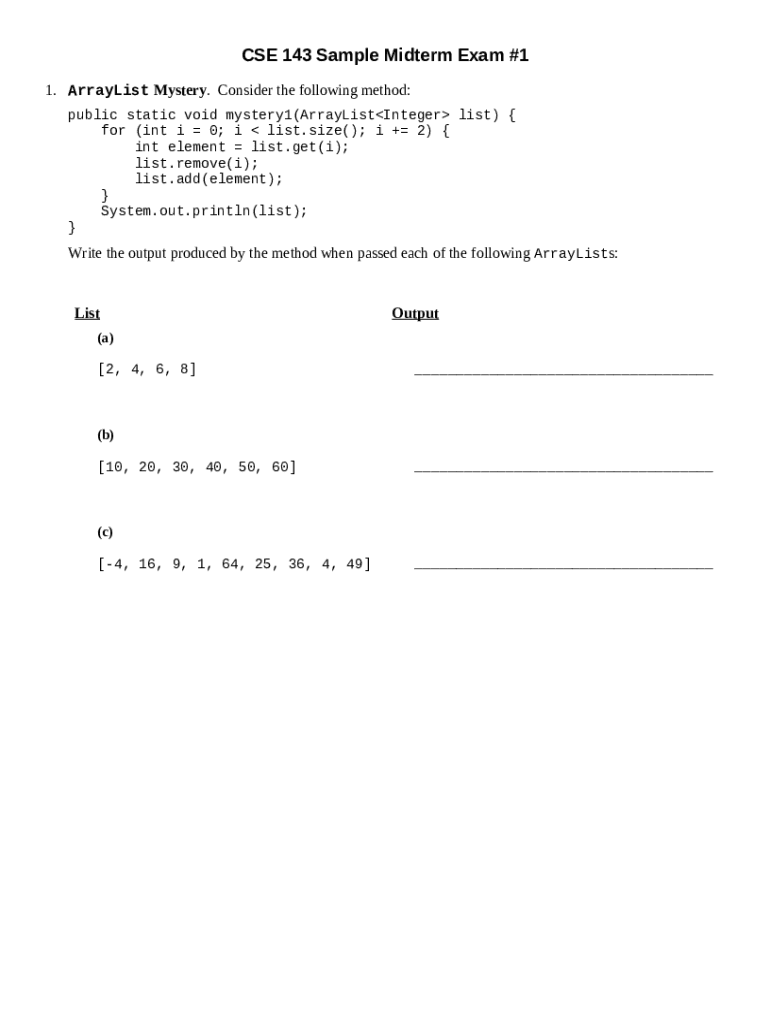 CSE 143 Sample Midterm Exam #1 Doc Template | pdfFiller