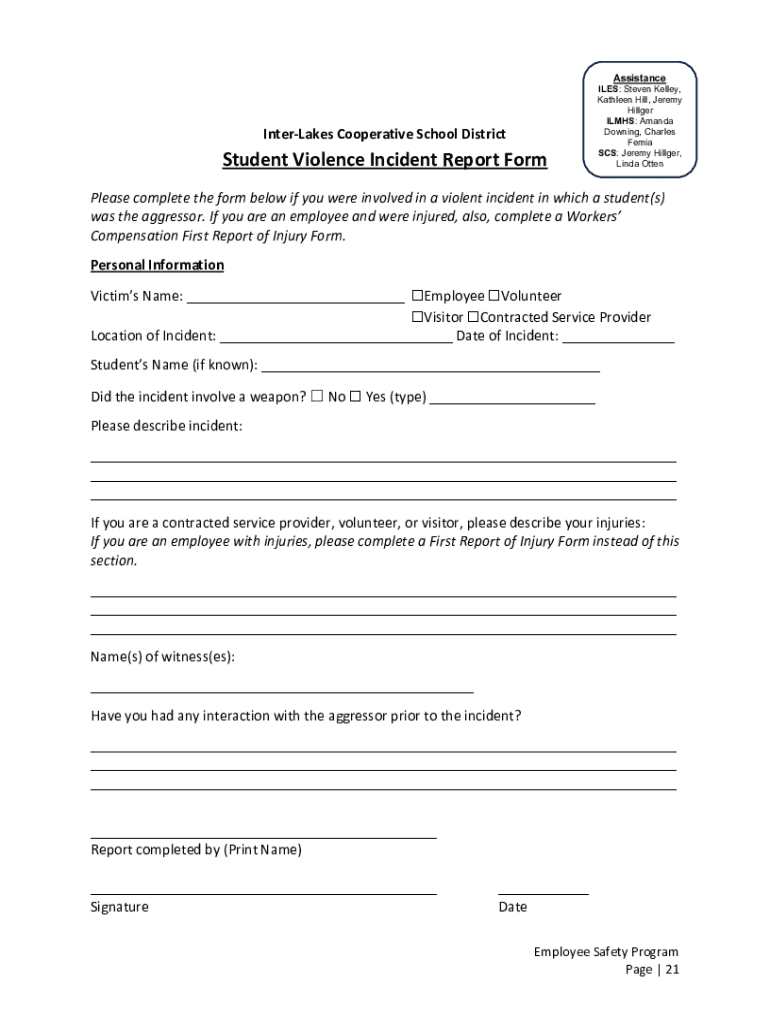 Fillable Online Student Violence Incident Report Form Fax Email Print ...