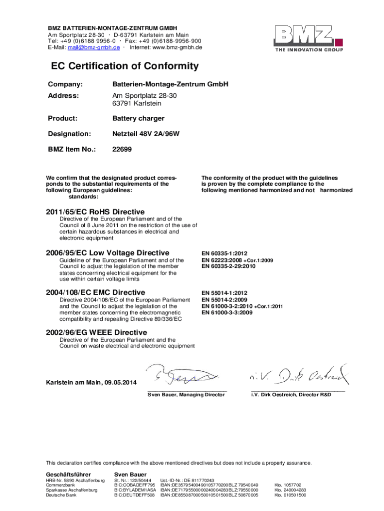Fillable Online 22699EC Certificate of Conformity Charger.pdf Fax Email ...