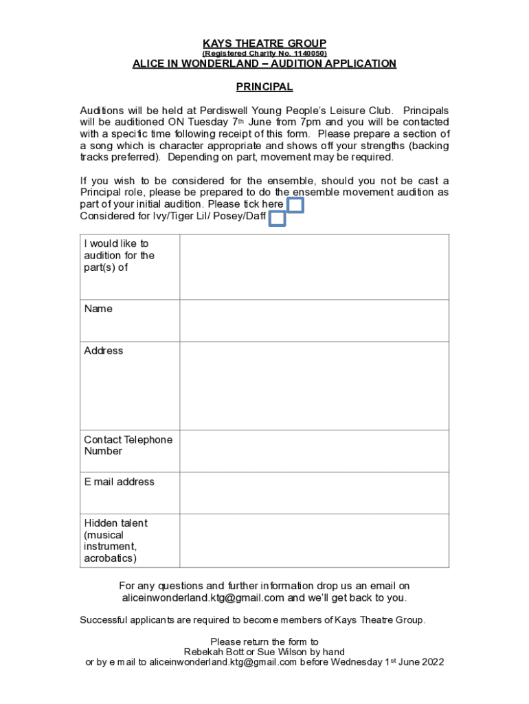 Fillable Online Kays Theatre Group Alice in Wonderland Audition ...