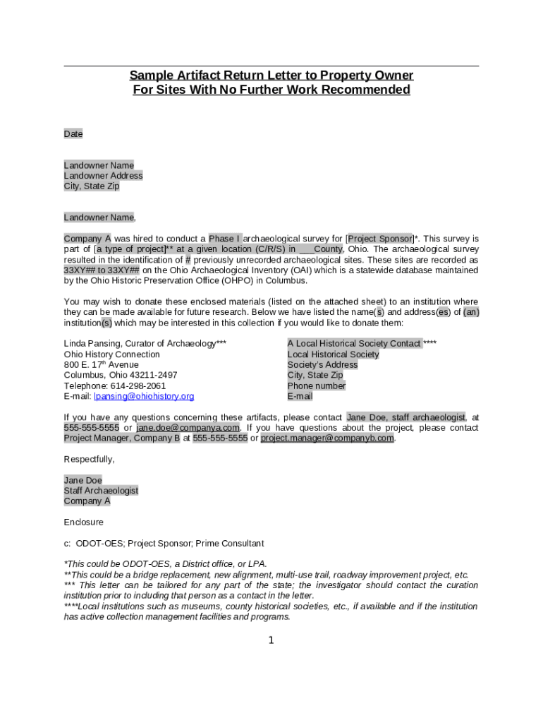 Sample Artifact Return Letter to Property Owner For Sites With ... Doc ...