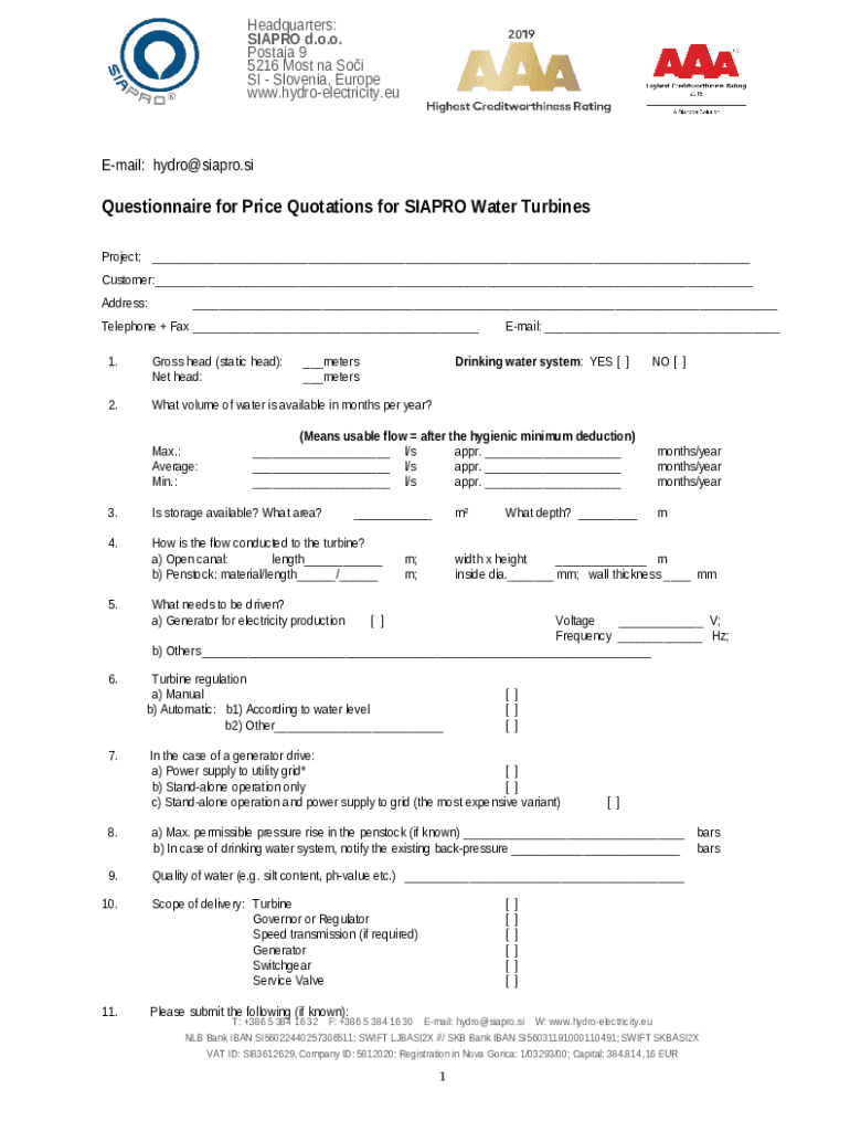Questionnaire for Price Quotations of Water Turbines Doc Template ...