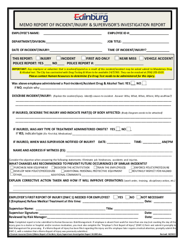 Fillable Online supervisor's incident investigation report form Fax ...