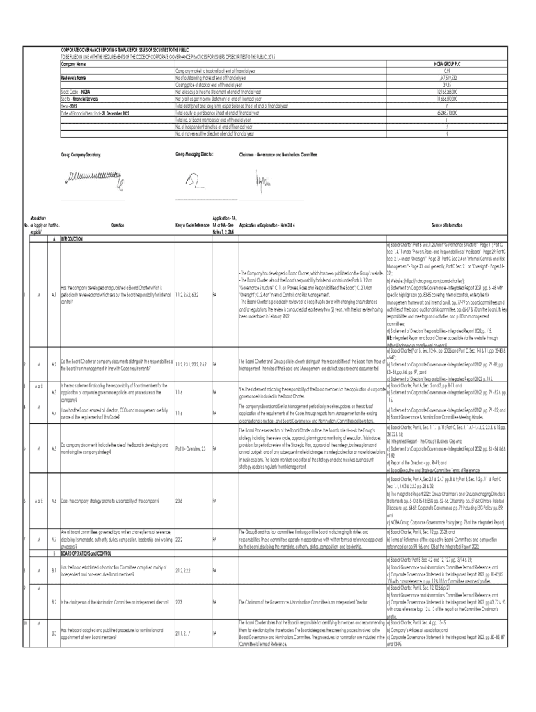 Fillable Online Code of Corporate Governance - Reporting Template Fax ...
