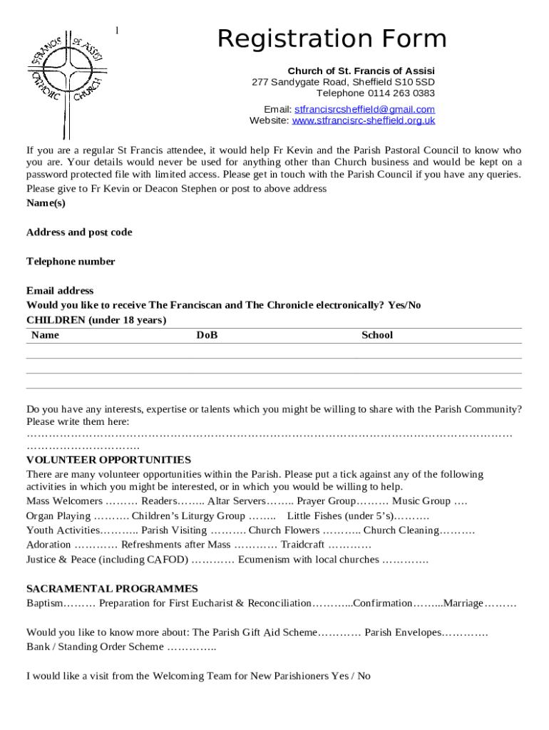 Registration - St Francis of Assisi Catholic Church Doc Template ...