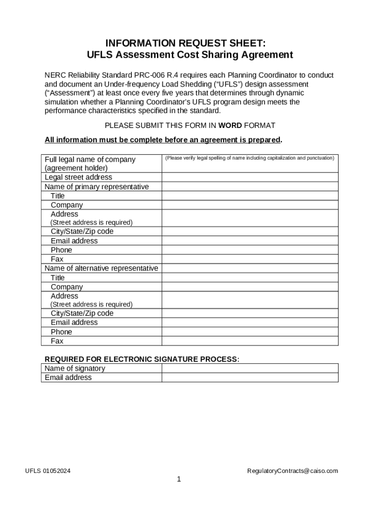 UFLS Study Cost Sharing Agreement Ination Request Sheet Doc Template | pdfFiller