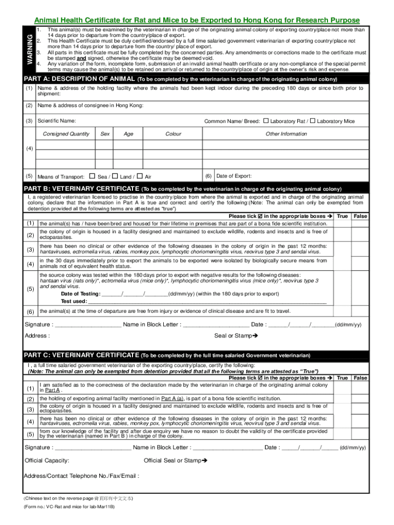 Fillable Online Animal Health Certificate for Rat and Mice to be ...