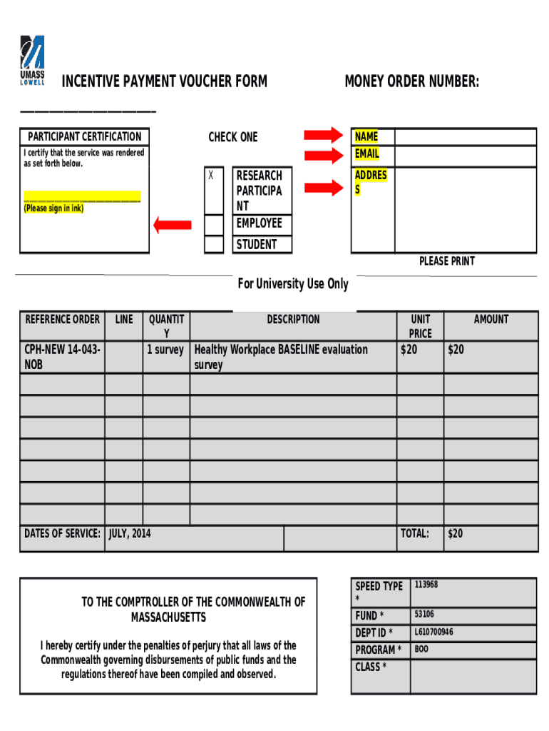 incentive payment voucher money order number Doc Template | pdfFiller