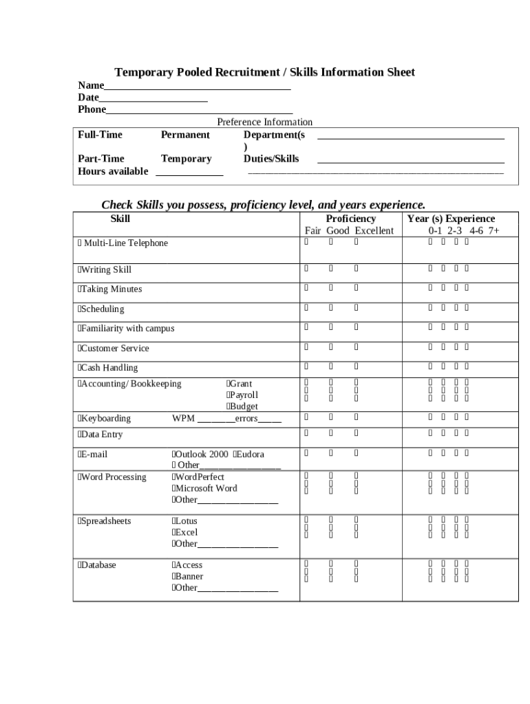 Temporary Pooled Recruitment / Skills Ination Sheet Doc Template | pdfFiller