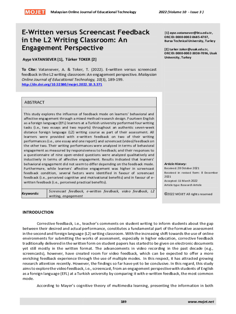 Fillable Online View of E-Written versus Screencast Feedback in the L2 ...