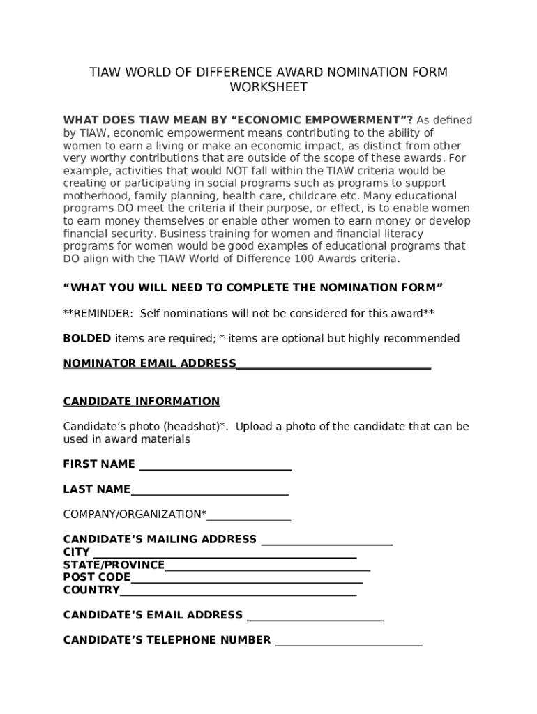 TIAW: Entries Open for World of Difference Awards Doc Template | pdfFiller