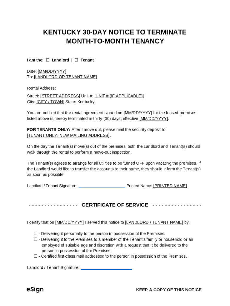 Kentucky 30 Day Notice to VacateLease Termination Doc Template | pdfFiller