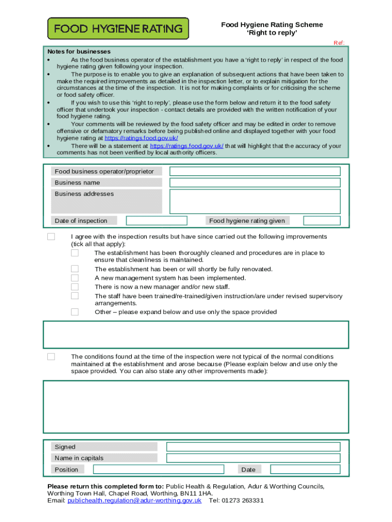 Food Hygiene Rating - Right to Reply - to type into Doc Template ...
