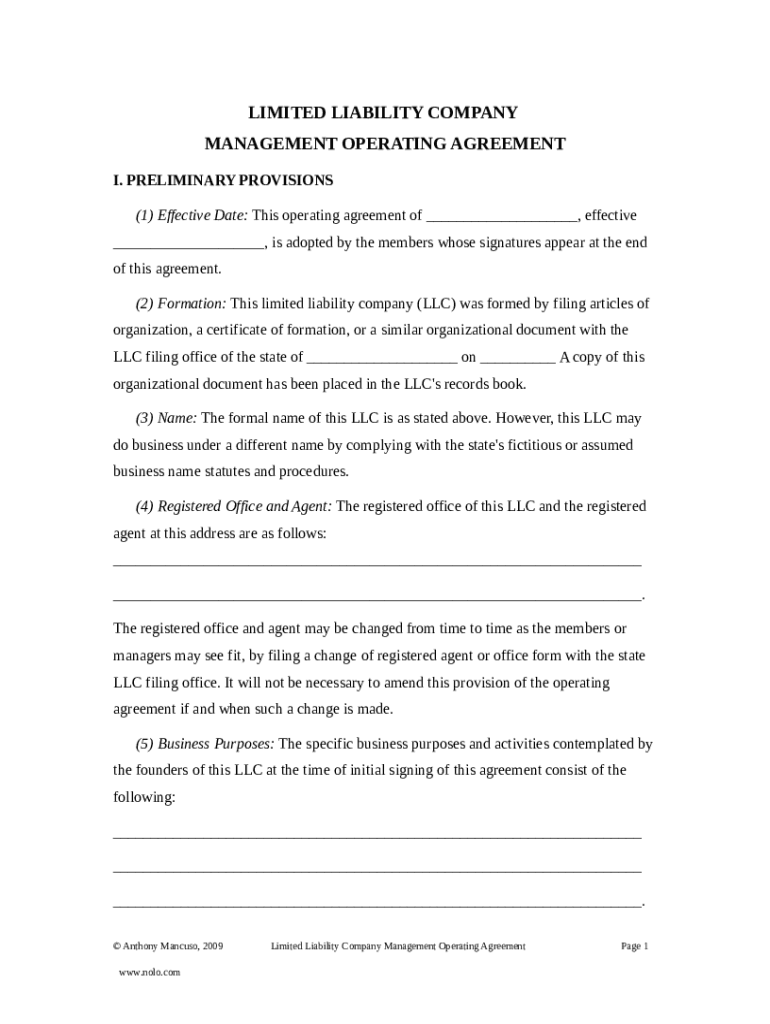 Limited Liability Company management Operating Agreement Doc Template ...