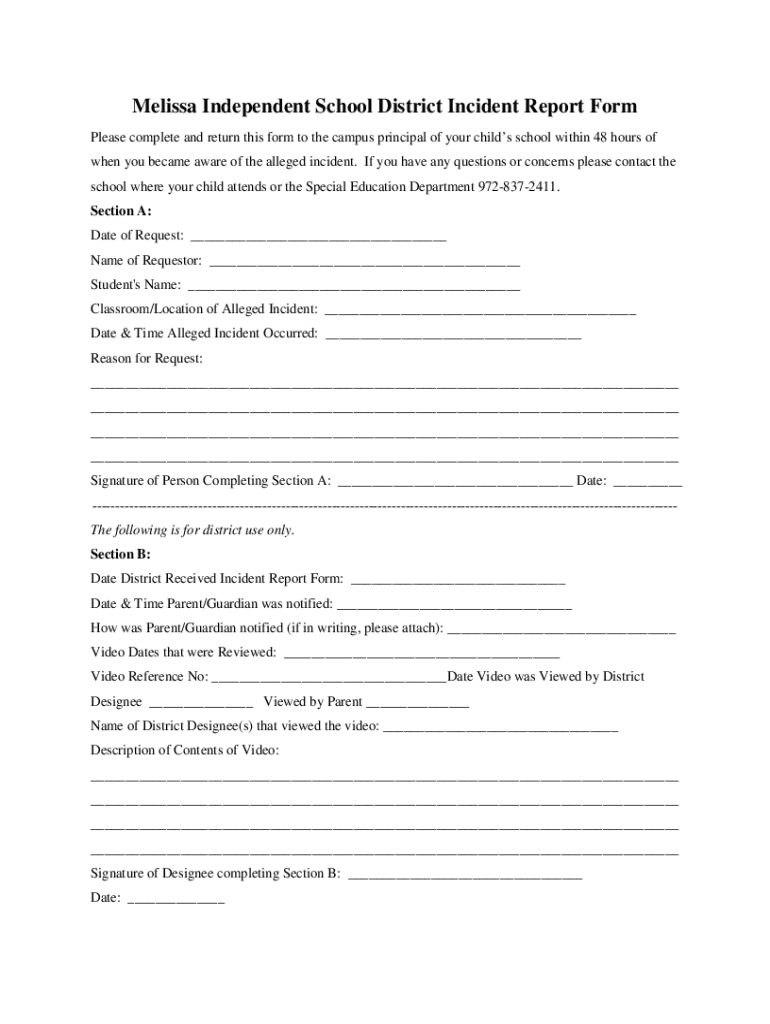 Fillable Online Melissa Independent School District Incident Report Form Fax Email Print - pdfFiller