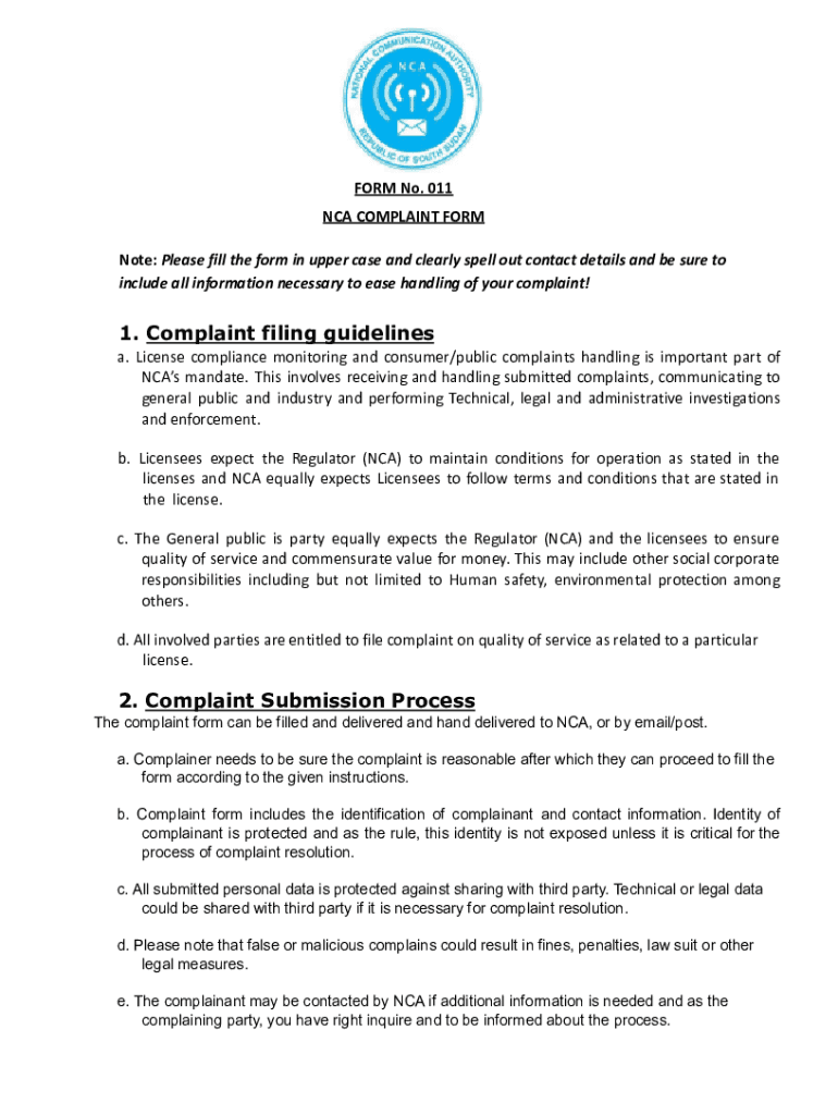 Fillable Online NCA SERVICE COMPLAINT FORM Fax Email Print - pdfFiller