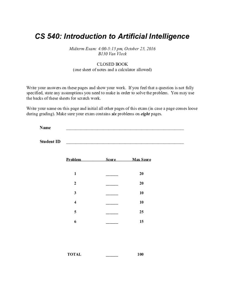 CS 540: Intro to Artificial Intelligence Flashcards - pages cs wisc Doc Template | pdfFiller