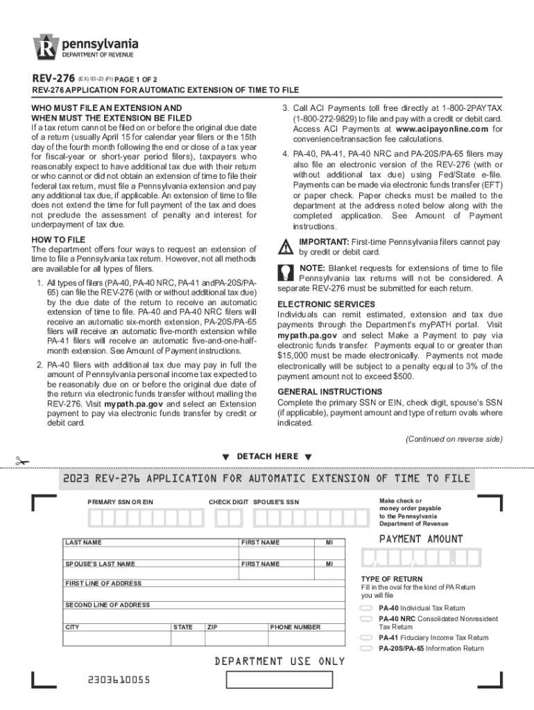Fillable Online 1040-PA: Electronic Extension, Form REV-276 Fax Email ...