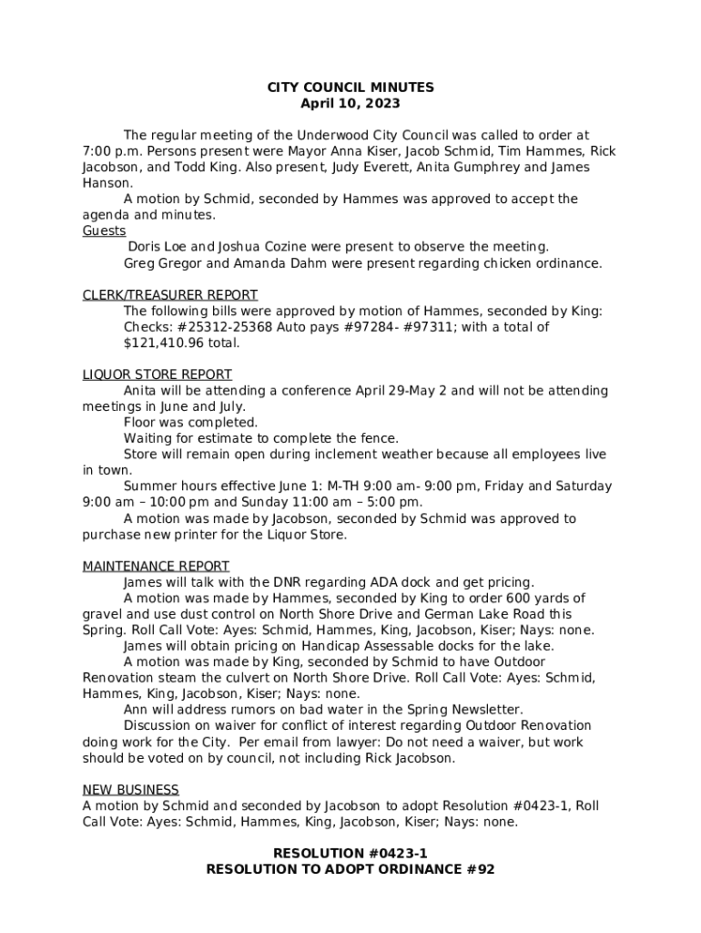 Persons present were Mayor Anna Kiser, Jacob Schmid, Tim Hammes, Rick Jacobson, and Todd King ...