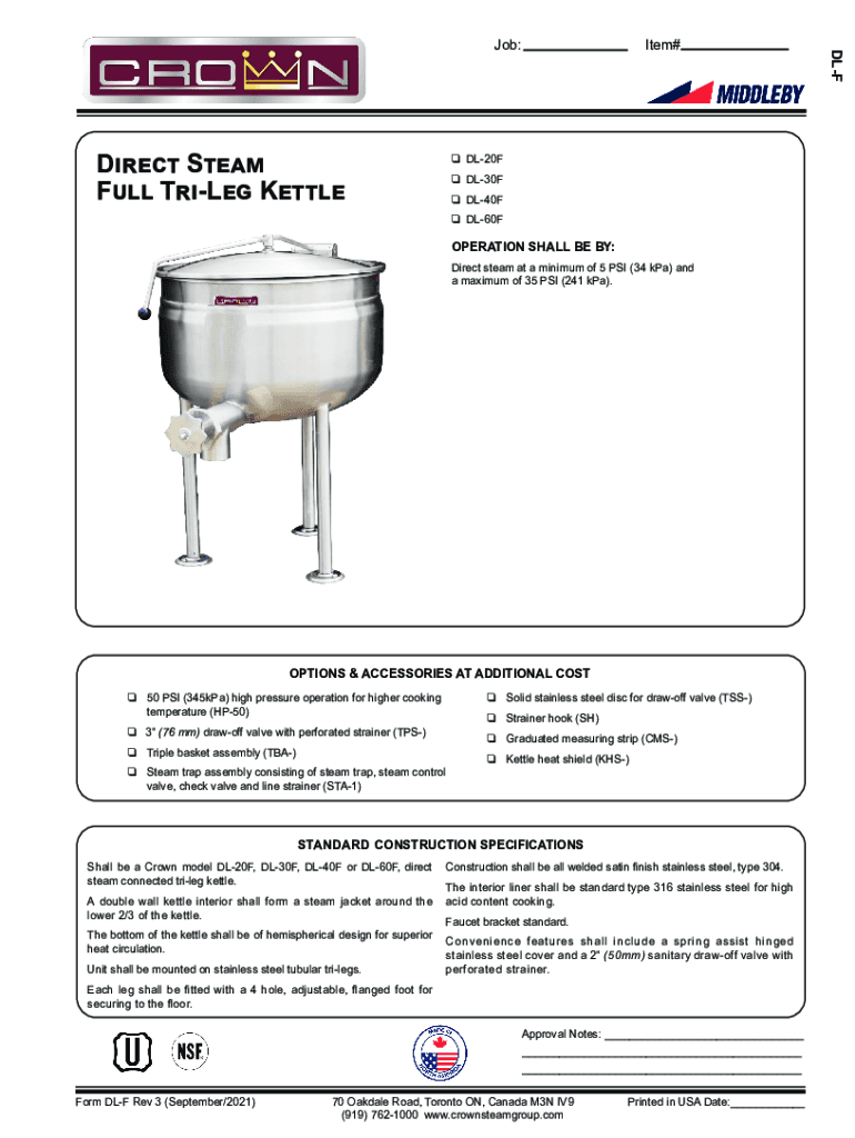 Fillable Online Full Jacket Direct Steam Stationary Kettles DL-20F, DL ...