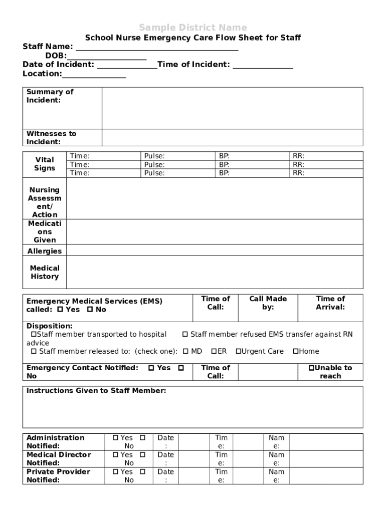 Sample Emergency Care Flow Sheet for Staff Doc Template | pdfFiller