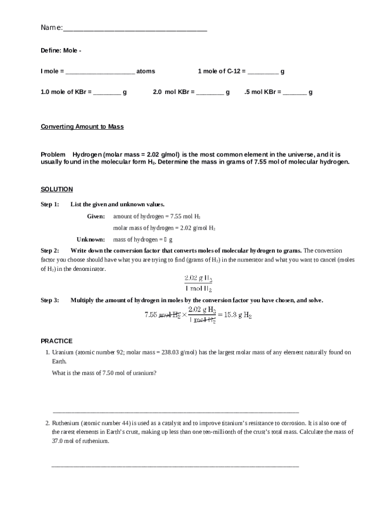 Chapter 1.7: The Mole and Molar Mass Doc Template | pdfFiller