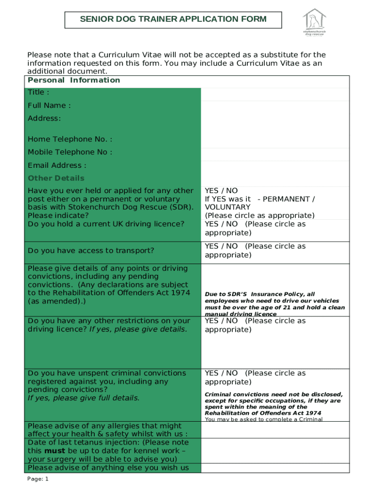 senior dog trainer application Doc Template | pdfFiller