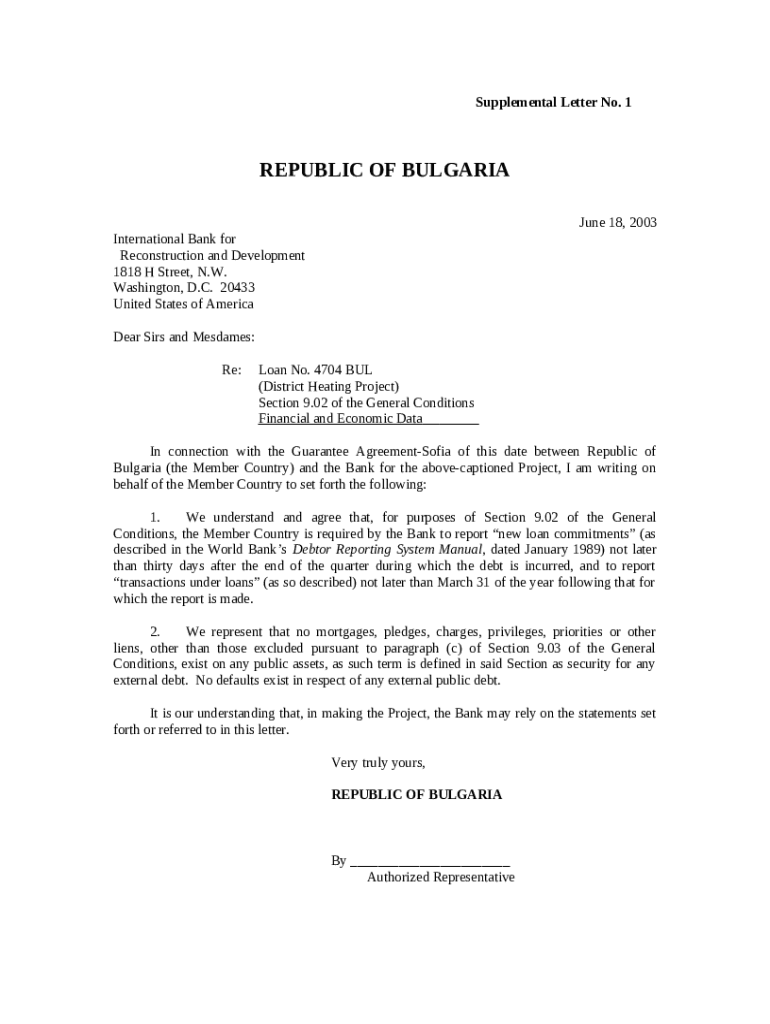 Supplemental Letter No. 1 REPUBLIC OF BULGARIA Doc Template | pdfFiller