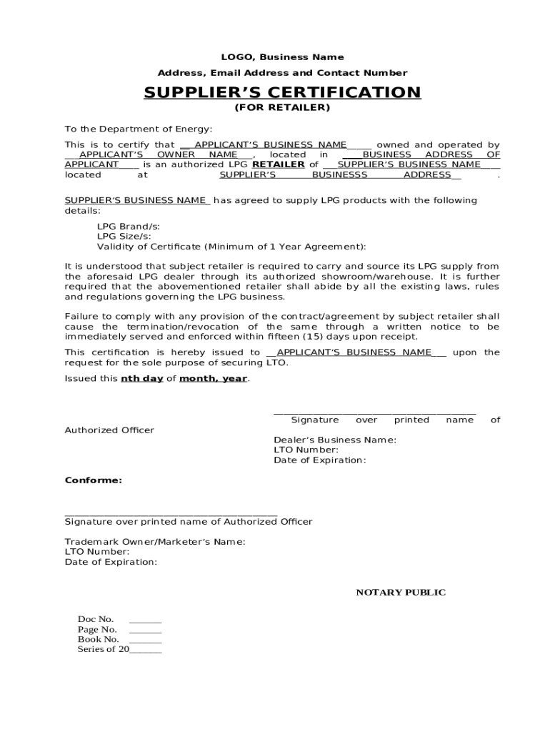 Supplier's Certificate (Retailer) - LOGO, Business Name ... Doc ...