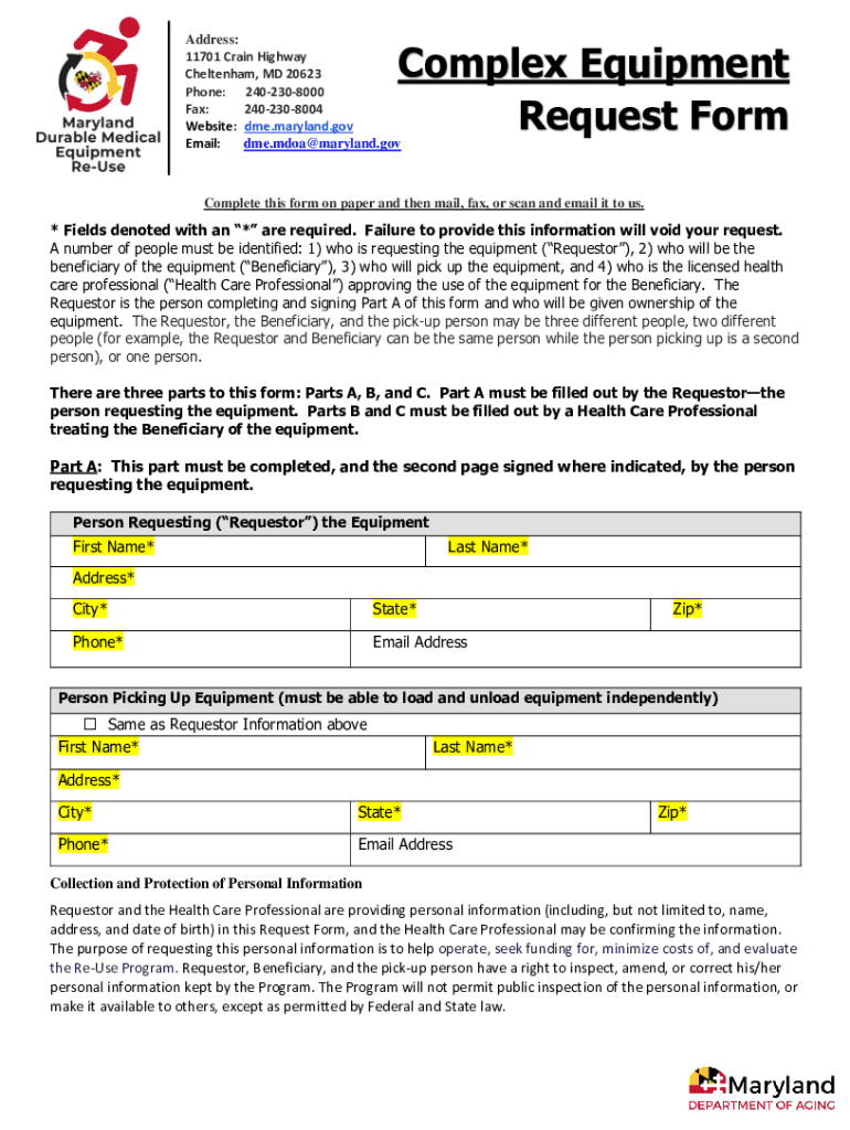 Fillable Online aging maryland Basic DME Request Form - Maryland ...