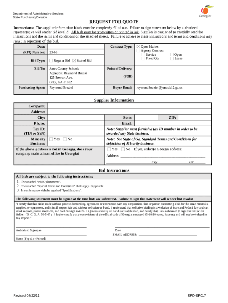 SPD-SP017: State Entity RFQ Template Doc Template | pdfFiller